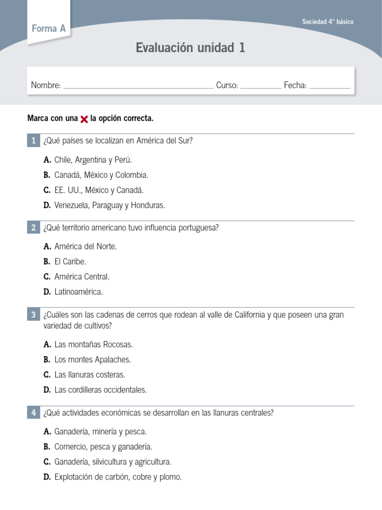 Prueba Sociales Unidad 1 | PDF | Américas | América del Sur