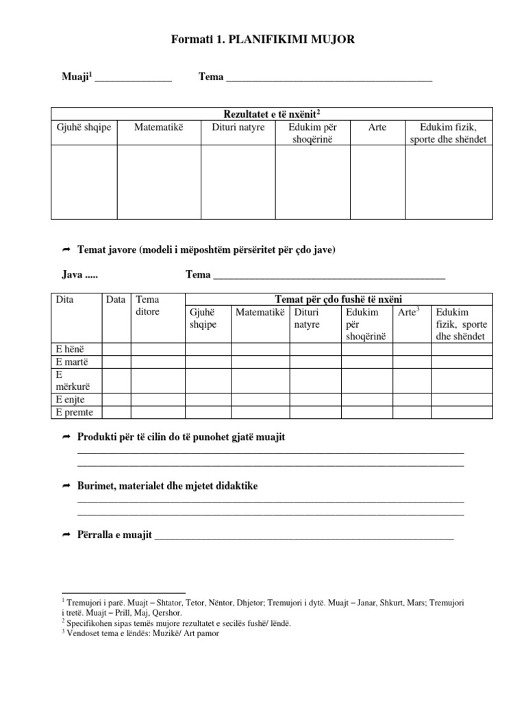 Planifikimi Mujor Javor Dhe Ditor | PDF