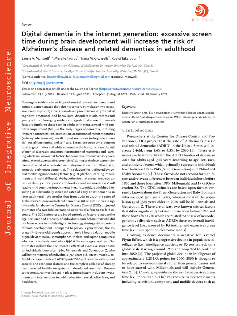 Digital Dementia in The Internet Generation Excessive Screen Time During Brain Development Will ...