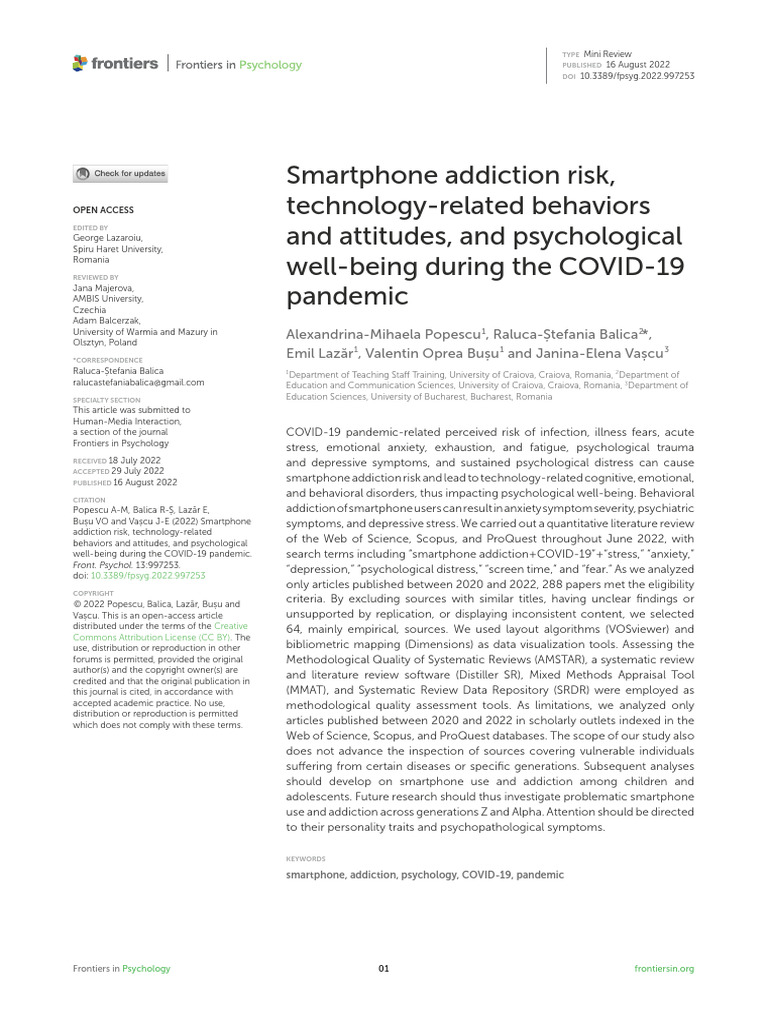 Smartphone Addiction Risk, Technology Related Behaviors and Attitudes ...