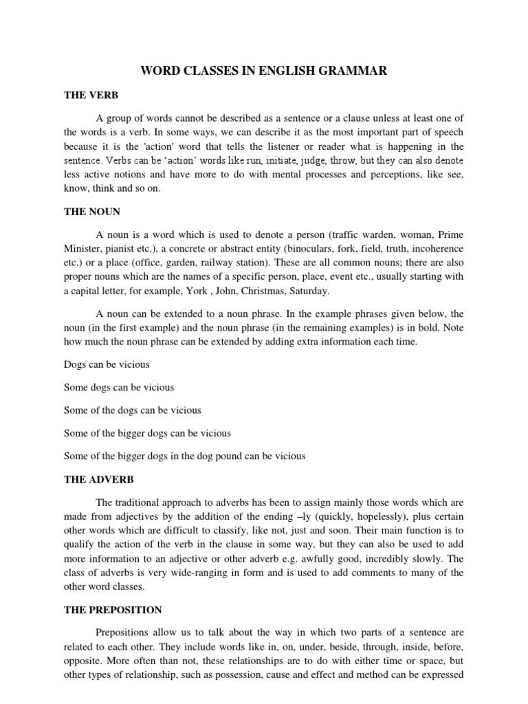 Word Classes in English Grammar | PDF | Adjective | Noun
