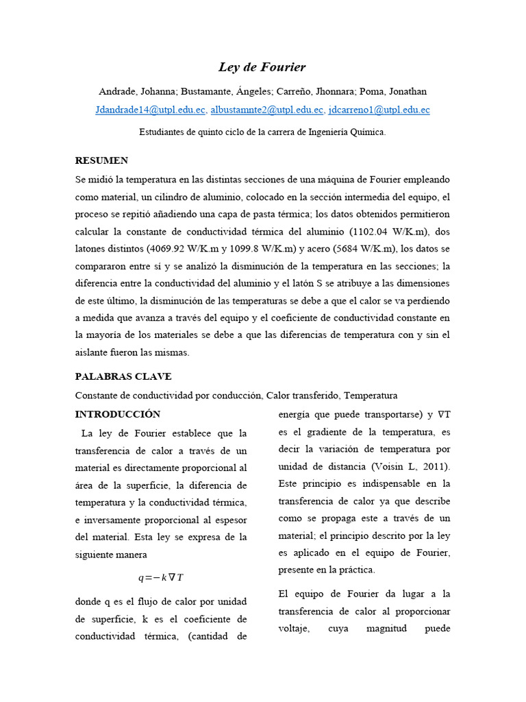 Laboratorio 1 TDQ | PDF | Conduccion termica | Transferencia de calor