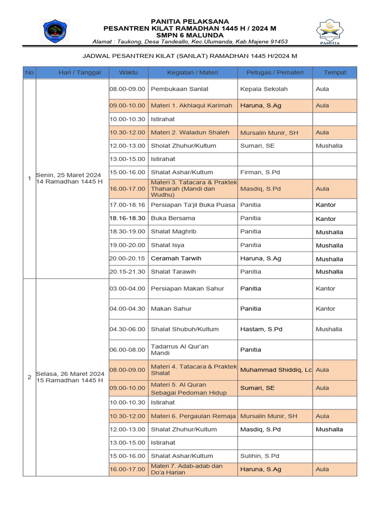 Jadwal Pesantren Kilat Ramadhan 2024 | PDF