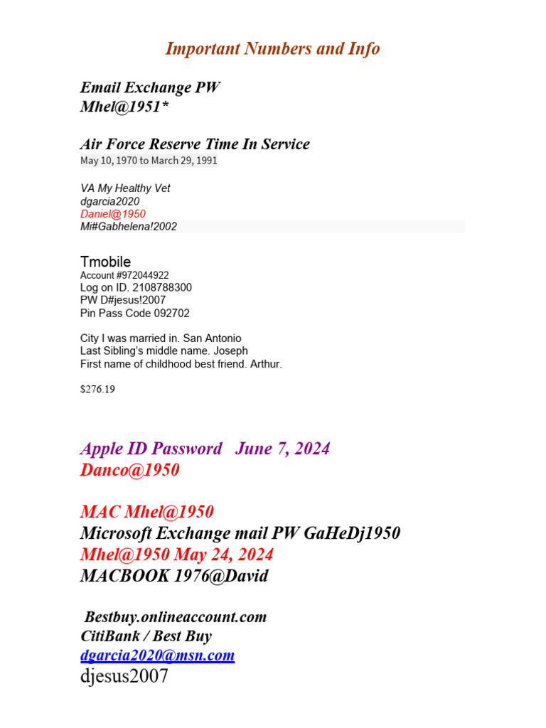 Important Numbers and Info | PDF | Login | Computer Access Control
