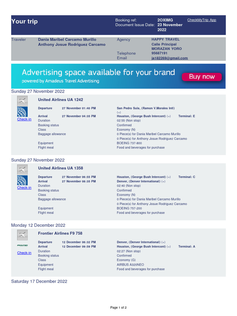 Itinerary | Download Free PDF | United Airlines | Airlines