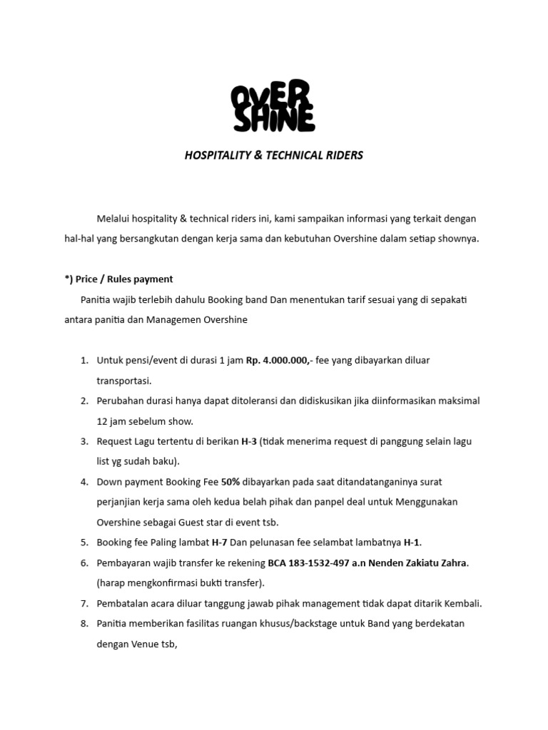 Hospitality & Technical Riders Overshine Band 2024 | PDF