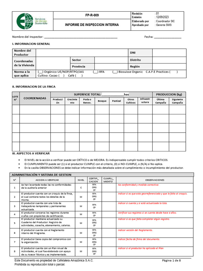 FP-R-009 - Ficha de Inspección Interna 2024 - Vfinal | Descargar gratis PDF | Pesticida | Suelo