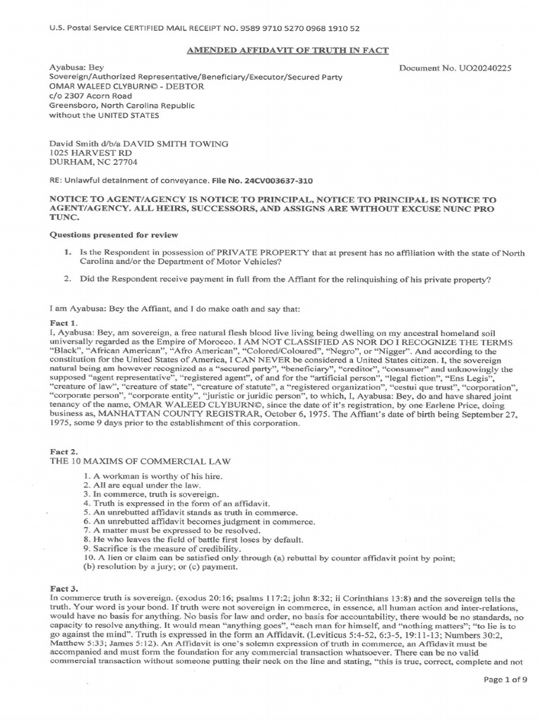 Amended Affidavit of Truth in Fact_DAVID SMITH TOWING | PDF