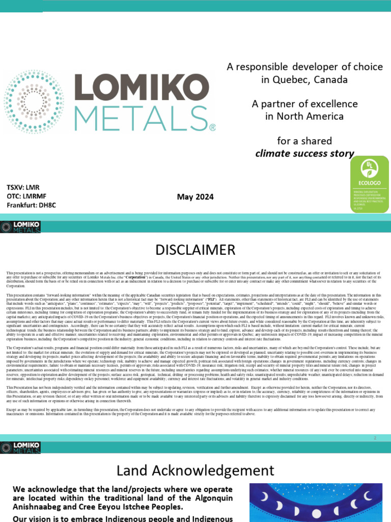 Lomiko Investor Presentation May 2024 | PDF | Risk | Graphite