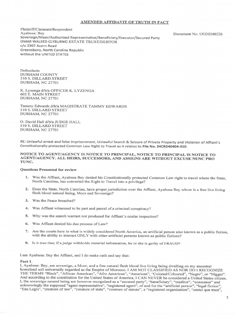 Amended Affidavit of Truth in Fact - DURHAM COUNTY ET AL | PDF