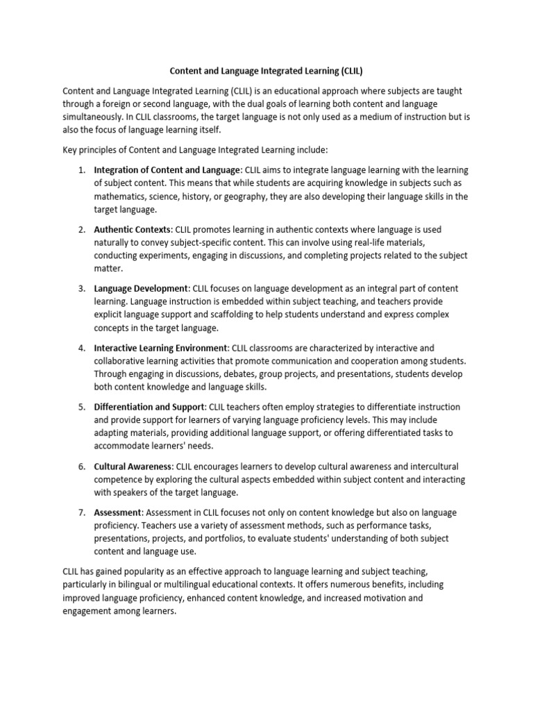 Key Principles of Content and Language Integrated Learning (CLIL) | PDF | Learning | Second Language