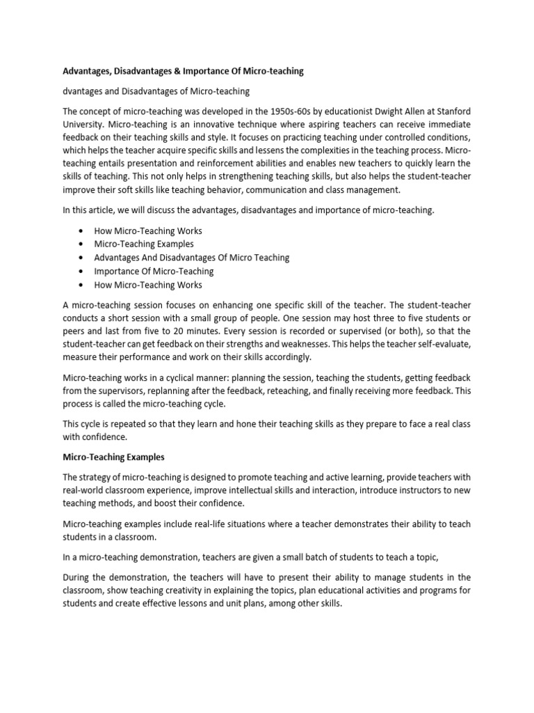 Micro-Teaching: Pros, Cons, and Importance | PDF | Teachers | Teaching ...