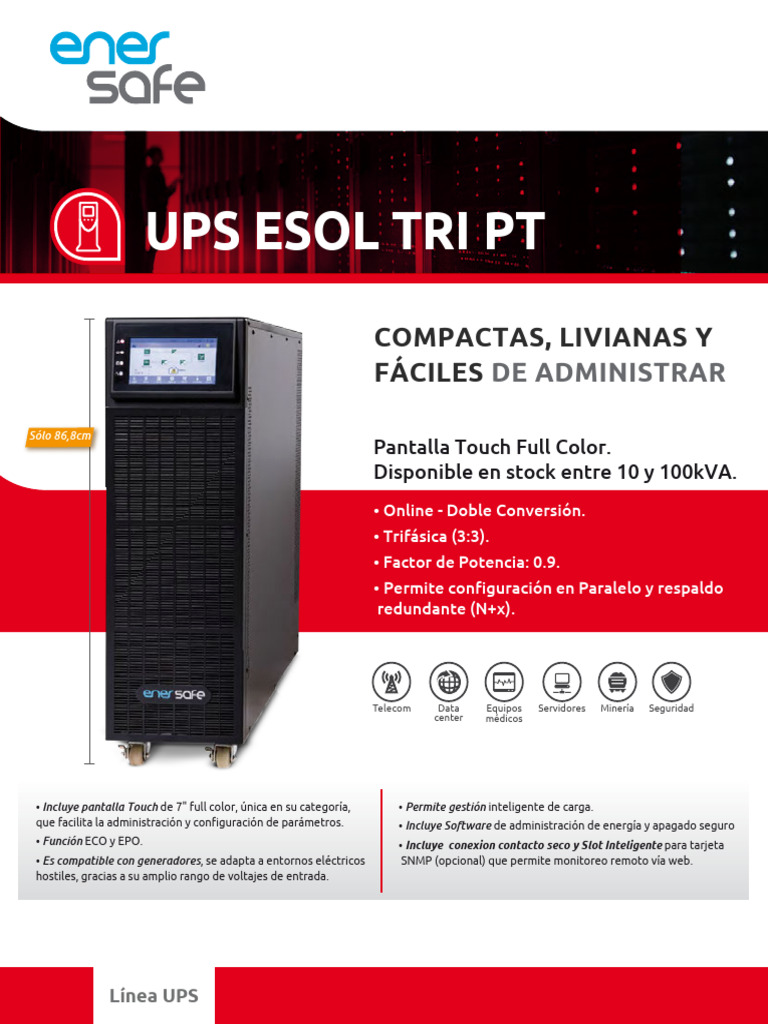 Ficha UPS 10KVA 20KVA 30KVA 40kVA 60KVA 100KVA Trifasica ESOL TRI PT ENERSAFE | PDF ...