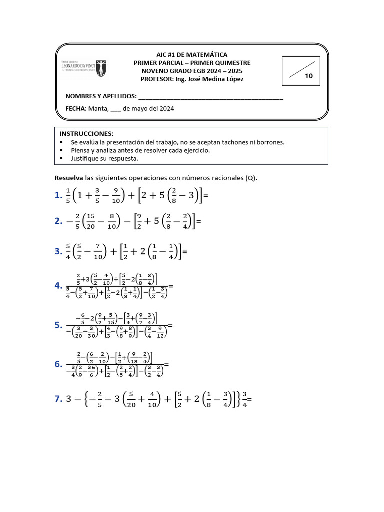 AIC 1 - Números Racionales. Operaciones | PDF