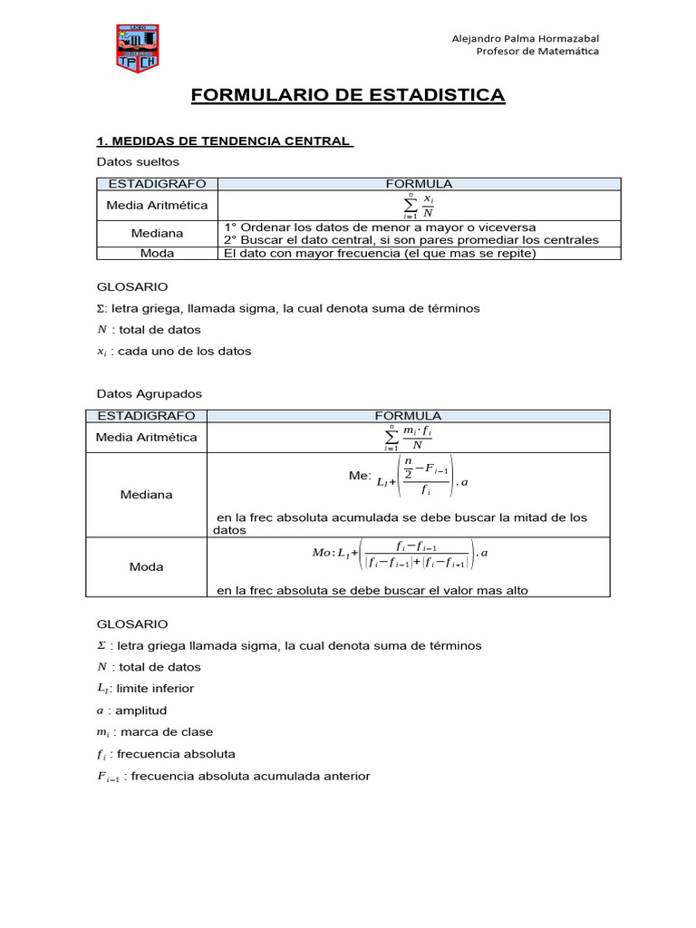 FORMULARIO DE ESTADISTICA | PDF | Cuantil | Mediana