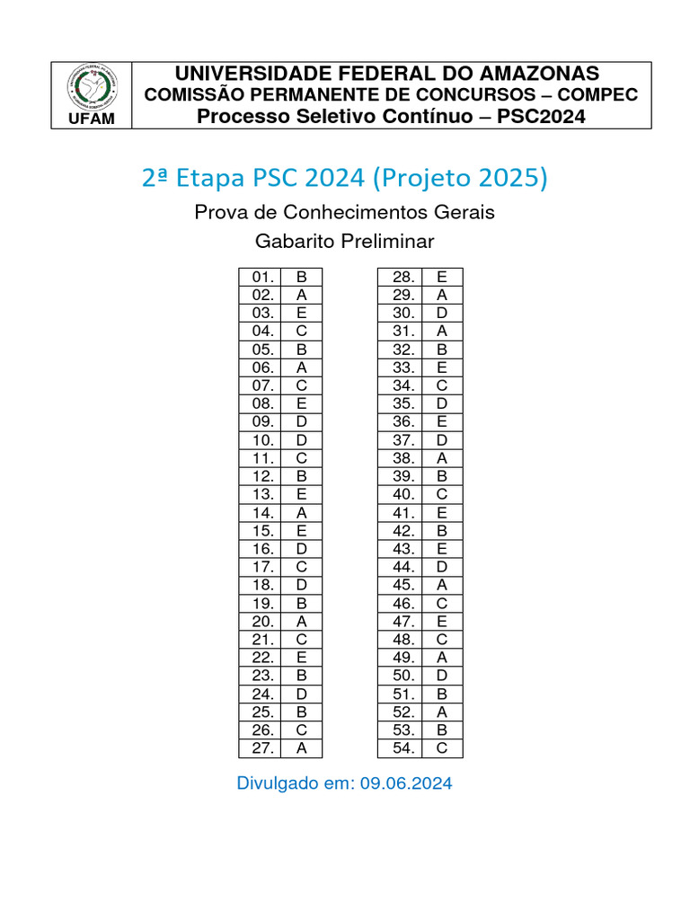 Edital 04 de 2024 - Gabarito Preliminar 2a Etapa PSC 2024-1 | PDF
