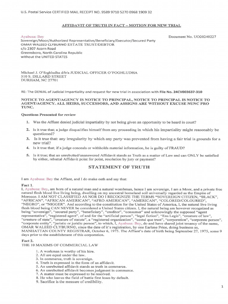 Affidavit of Truth in Fact - Motion For New Trial | PDF