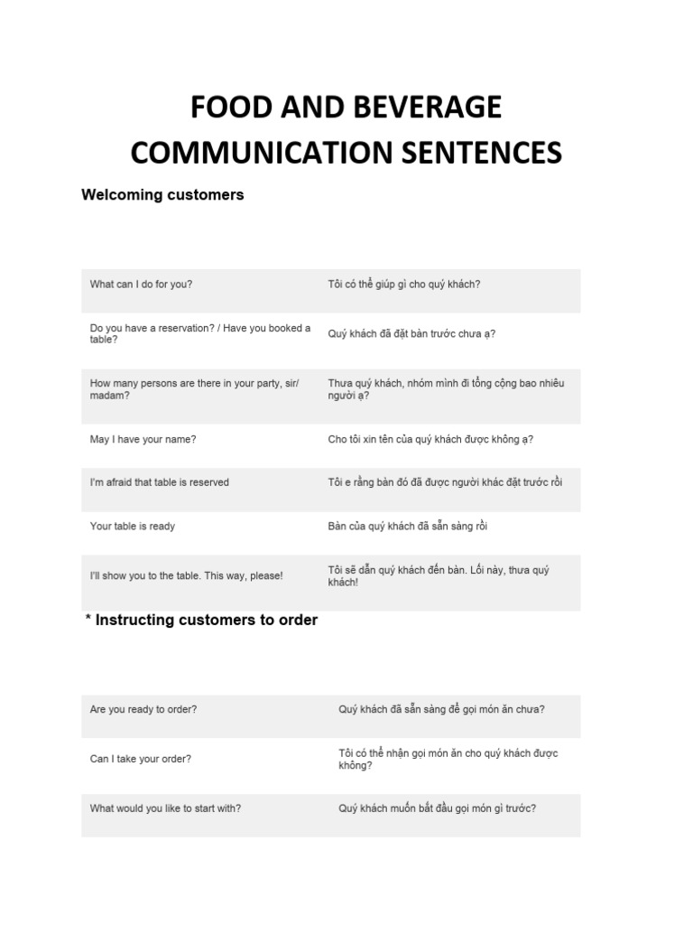 Food and Beverage Communication Sentences | PDF