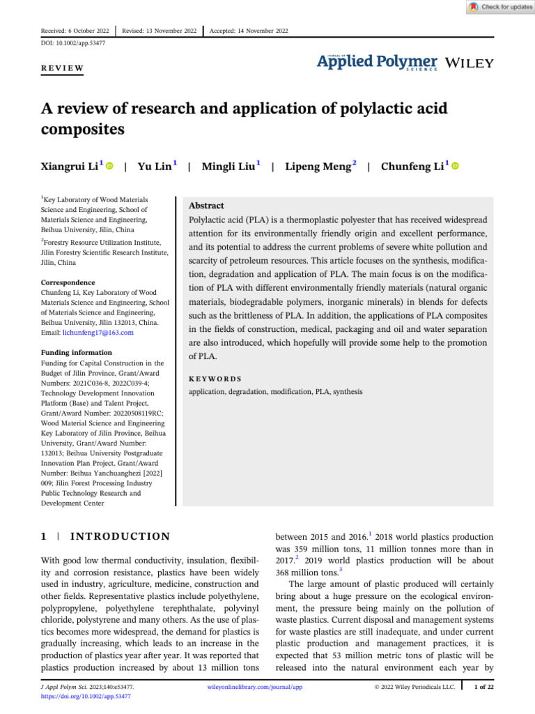 J of Applied Polymer Sci - 2022 - Li - A Review of Research and Application of Polylactic Acid ...