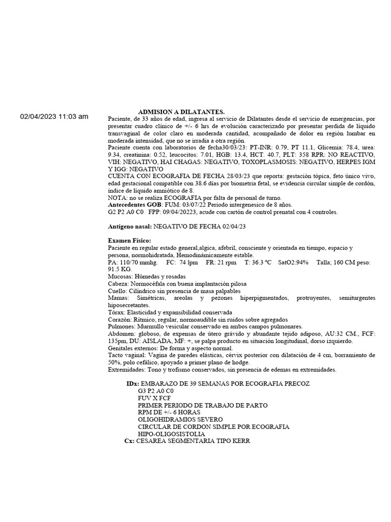 ADMISION A DILAS PARTO Paciente 33años | PDF | El embarazo | Parto