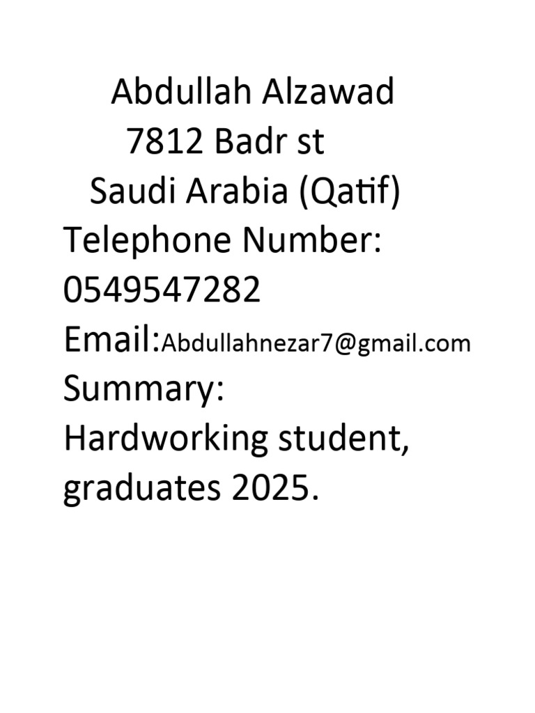Abdullah Alzawad 7812 Badr ST Saudi Arabia (Qatif) Telephone Number ...