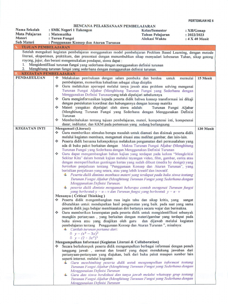12 RPP Penggunaan Konsep Dan Aturan Turunan Genap | PDF