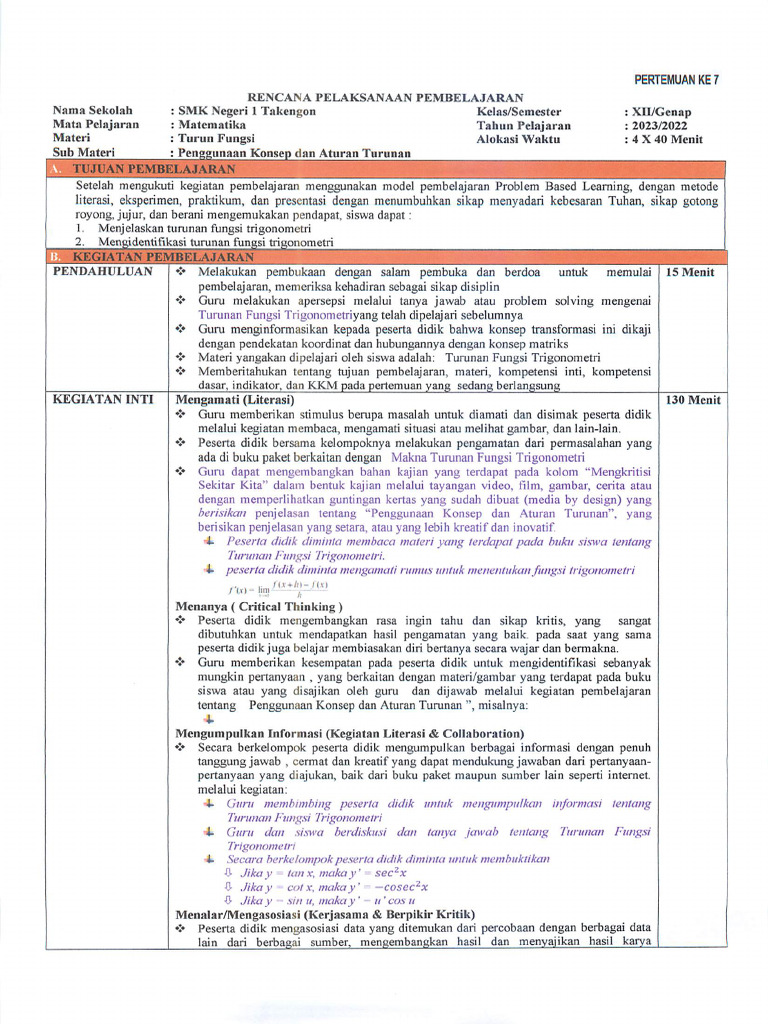 13 RPP Penggunaan Konsep Dan Aturan Turunan Genap | PDF