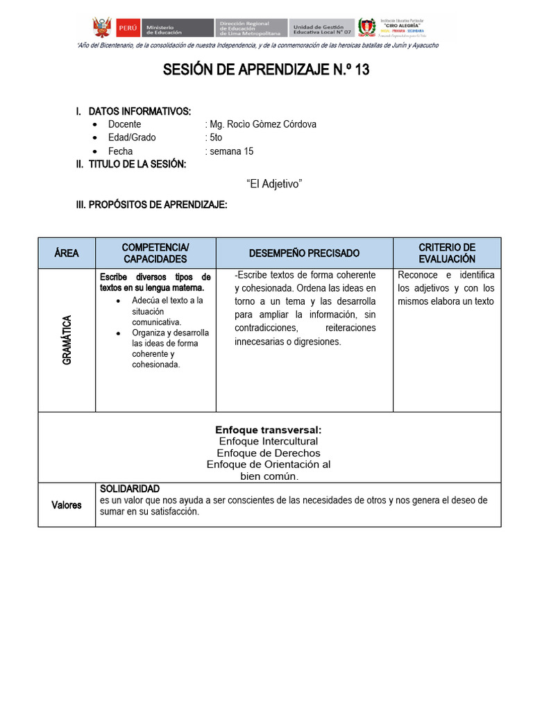 2024-SA13-SEM15 IIB - COMUNICACION - GRAMÁTICA (Los Adjetivos) - PM5 ...