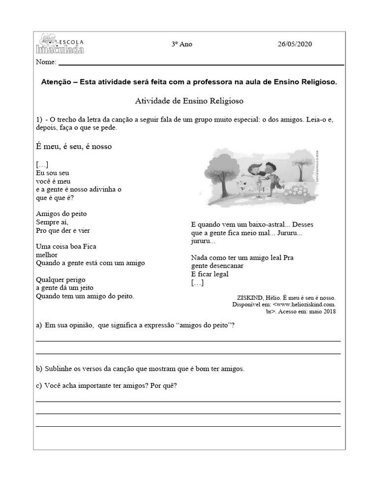 Atividade de Ensino Religioso 3º Ano 26 05 - 240607 - 183105 | PDF ...