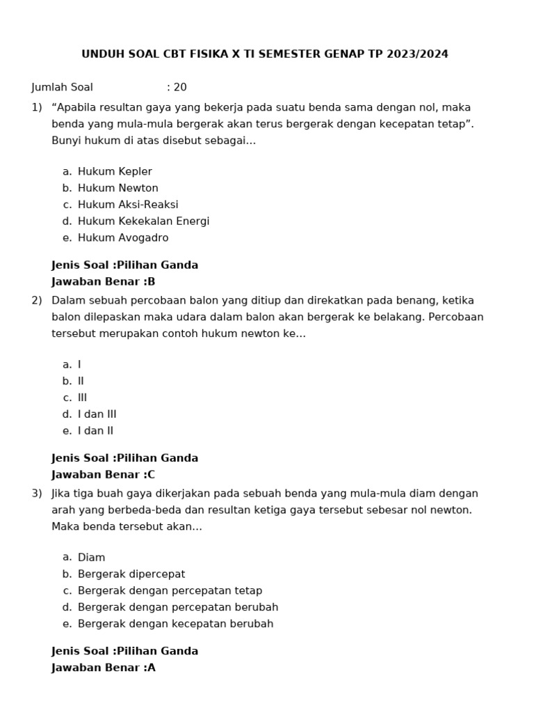 Lembar Soal CBT FISIKA X TI SEMESTER GENAP TP 2023 - 2024 | PDF