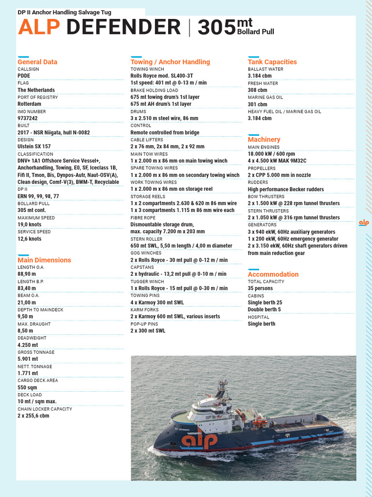 ALP Defender Tug Specifications | PDF | Tugboat | Shipping