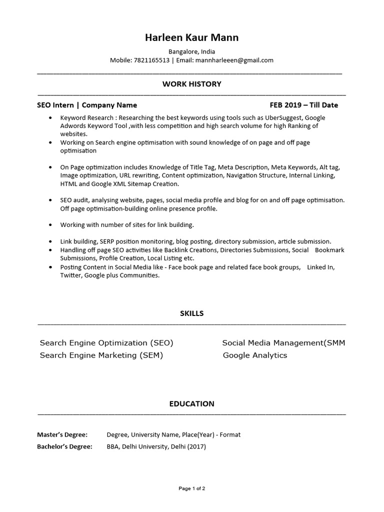 SEO Resume Intern | PDF | Search Engine Optimization | Search Engine ...