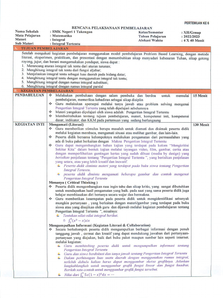 20 RPP Integral Tertentu Genap | PDF