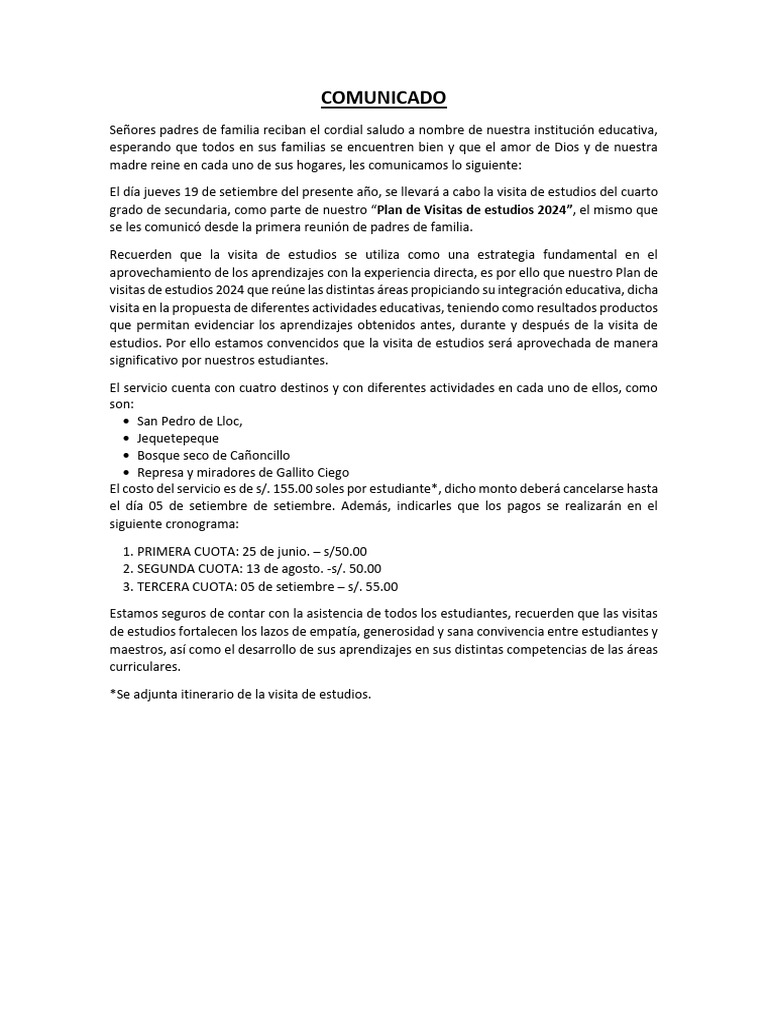 COMUNICADO 01 Visitas de Estudios 2024 | PDF