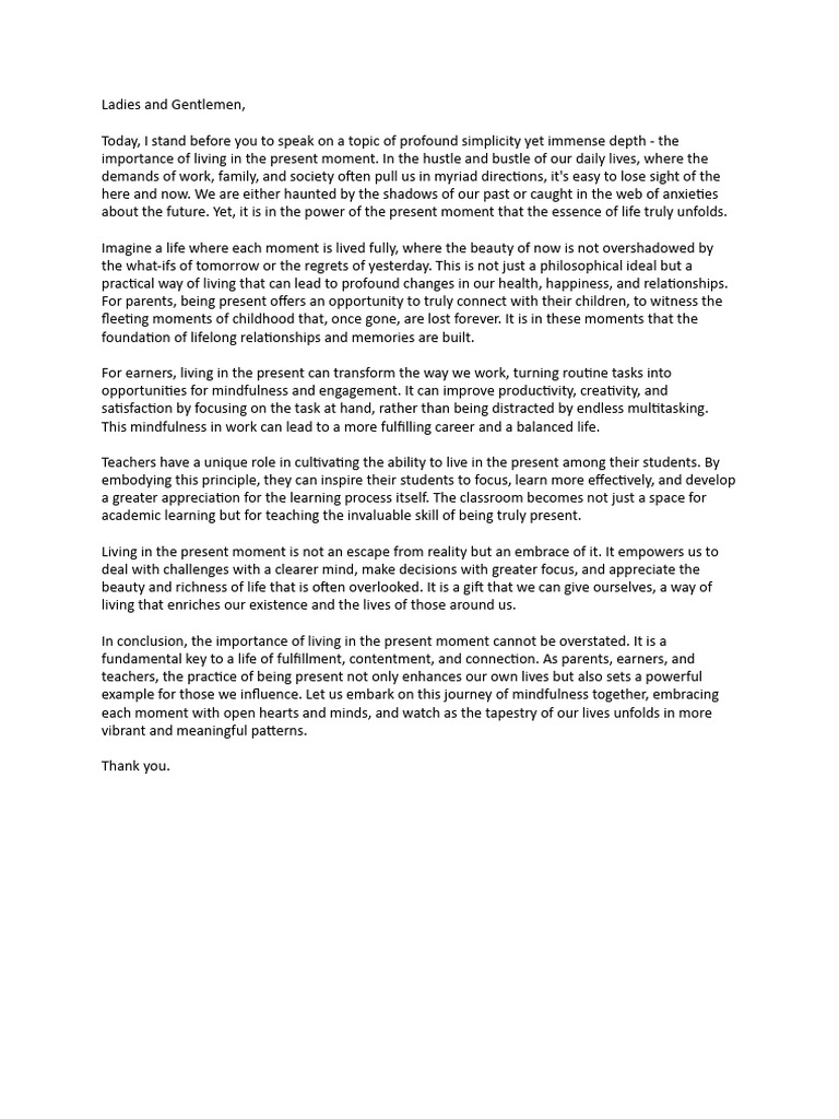 Speech on Importantce of Precent Moment | PDF | Mindfulness | Cognition