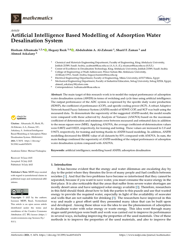 Mathematics: Artificial Intelligence Based Modelling of Adsorption Water Desalination System ...