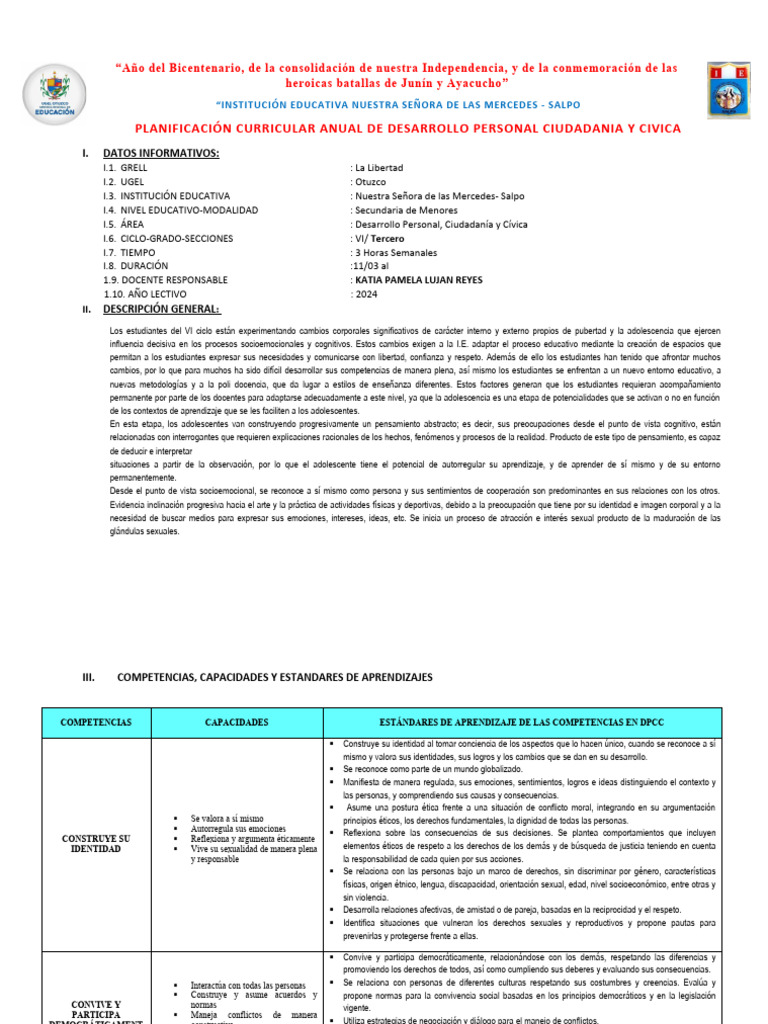 Plan Anual 3° DPCC - 2024 | PDF | Aprendizaje | Evaluación