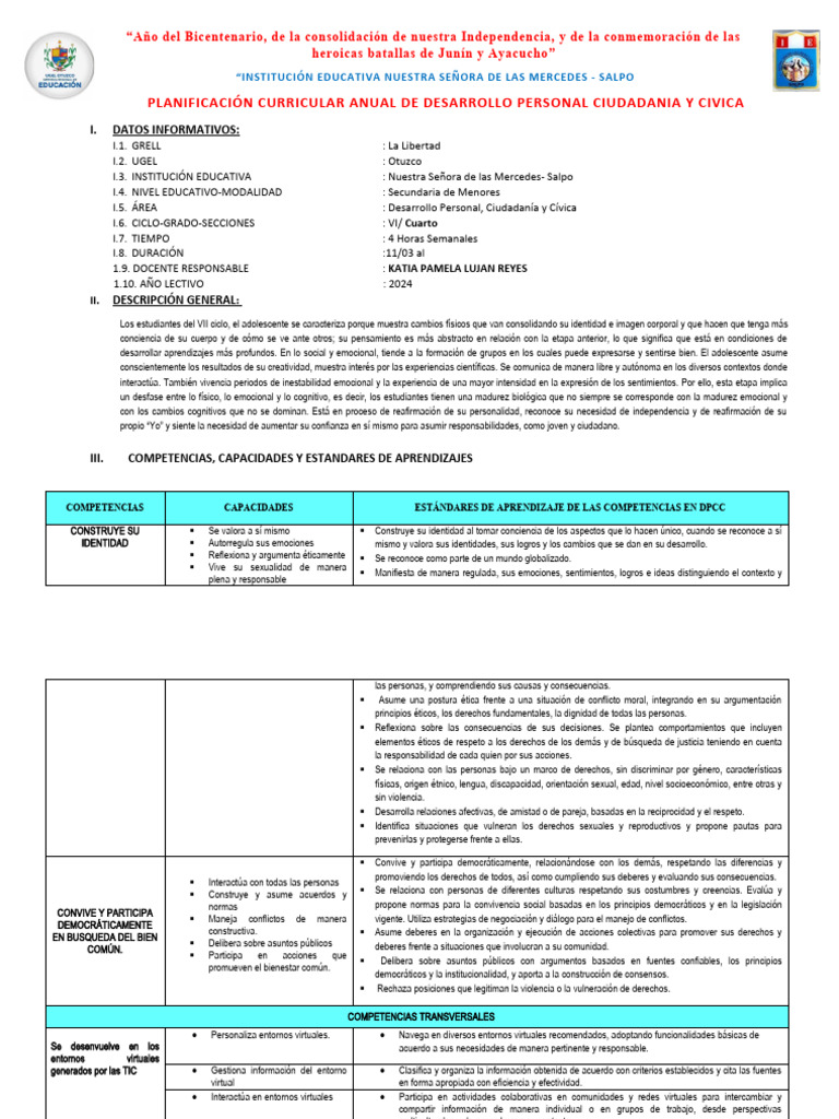 Plan Anual 4° DPCC - 2024 | PDF | Evaluación | Las emociones