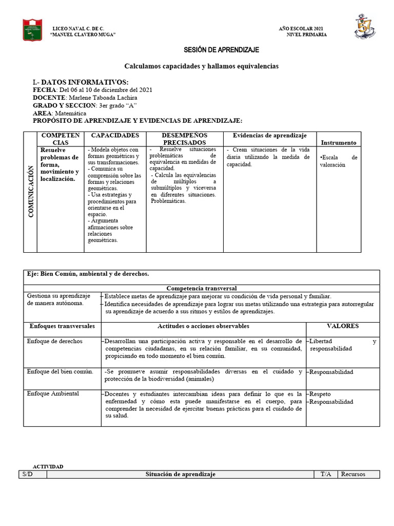 Sesión 3 - Matematica - Un 8 - Iv B - Calculamos Capacidades y Hallamos ...