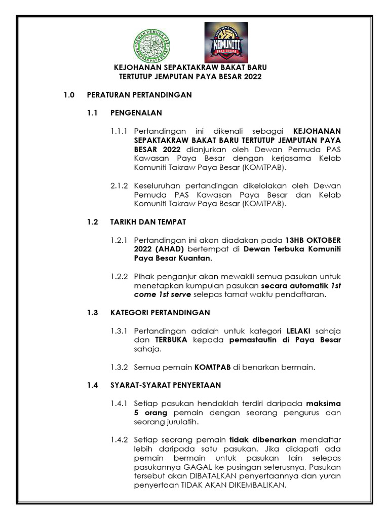 Syarat Pertandingan Kejohanan Takraw Bakat Baru Tertutup Jemputan Paya ...