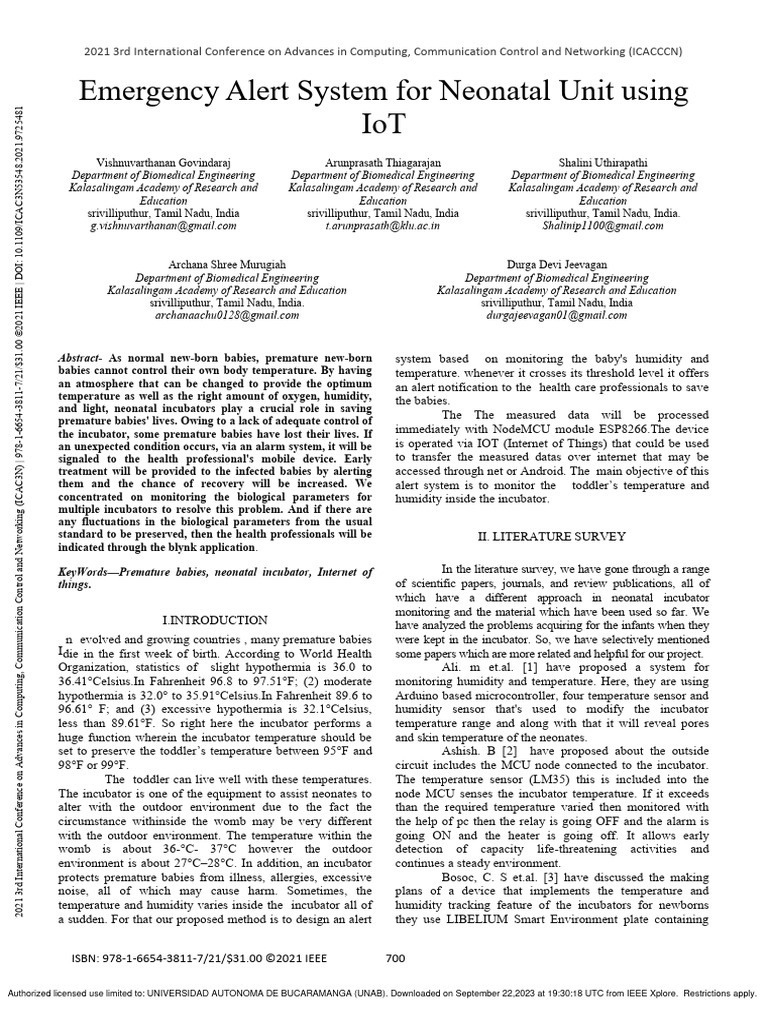 IoT Emergency Alert for Neonatal Care | PDF | Neonatal Intensive Care ...
