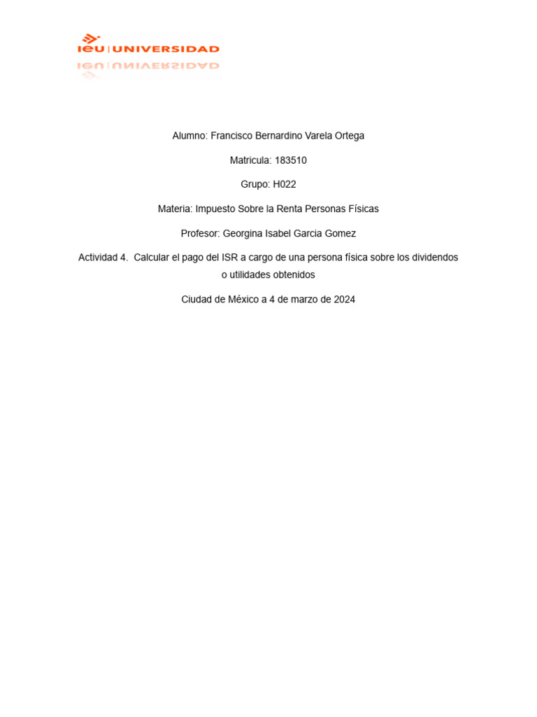 Actividad 4 Pago Del ISR A Cargo de Una Persona Física Sobre Los ...