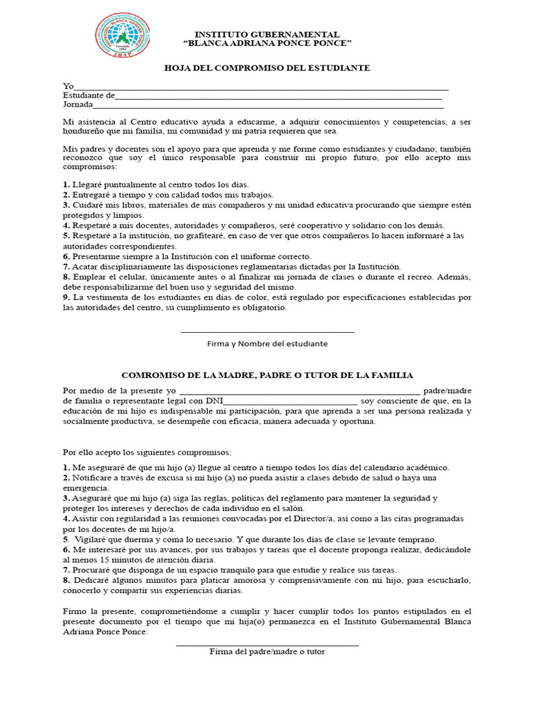 Hoja de Compromiso Estudiante y Padre 3 | PDF