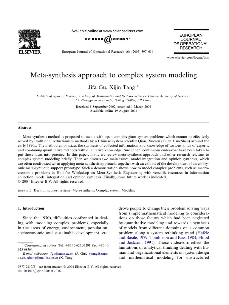 Meta-synthesis Approach to Complex System Modeling - Jifa Gu, Xijin Tang | PDF | System | Knowledge