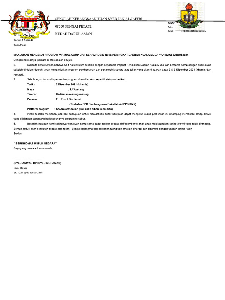 SURAT MAKLUMAN PROGRAM VIRTUAL CAMP | PDF