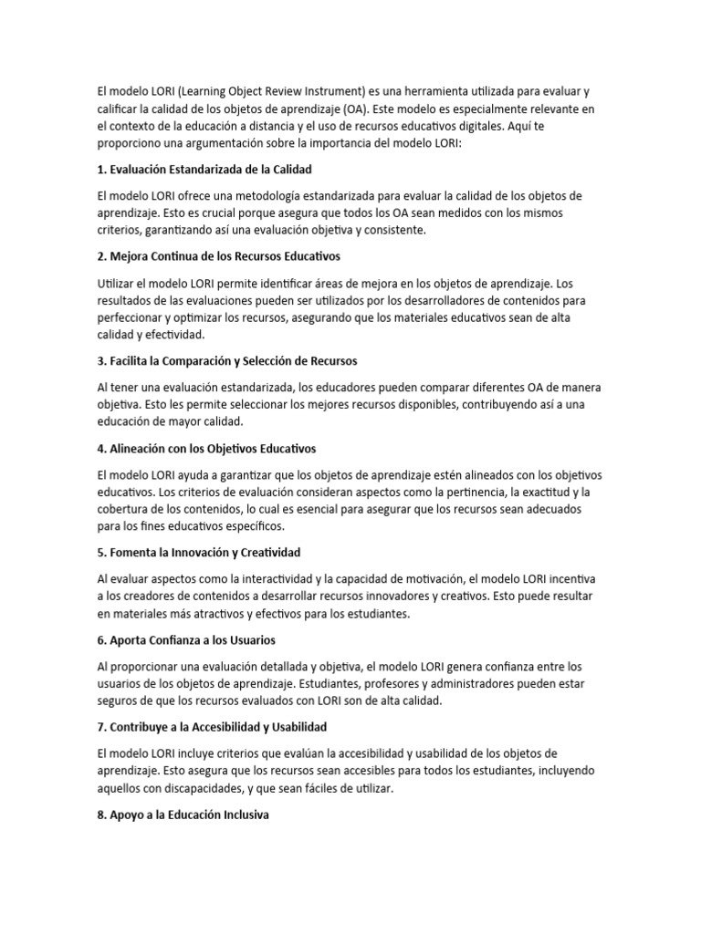 El Modelo LORI | PDF | Evaluación | Accesibilidad