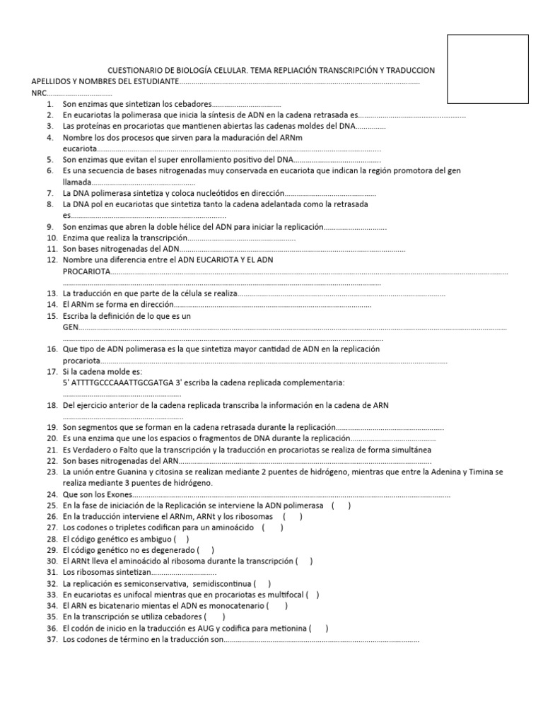 CUESTIONARIO DE BIOLOGÍA CELULAR | Descargar gratis PDF | Codigo genetico | Adn