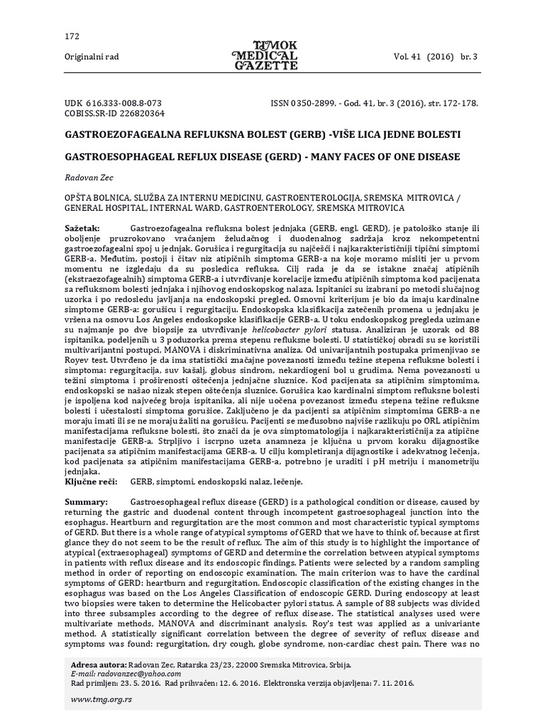 Gastroezofagealna Refluksna Bolest (Gerb) - Više Lica Jedne Bolesti | PDF