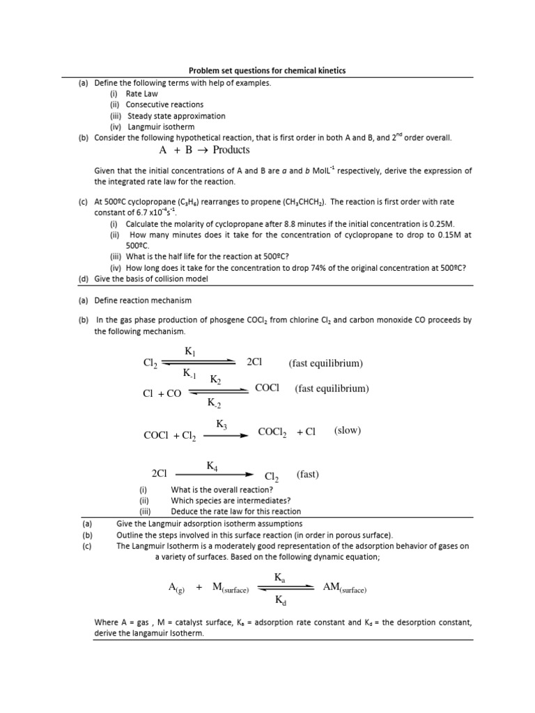 Problem Set Questions For Chemical Kinetics | PDF | Reaction Rate | Adsorption