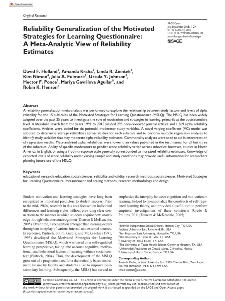 Holland Et Al 2018 Reliability Generalization of The Motivated Strategies For Learning ...